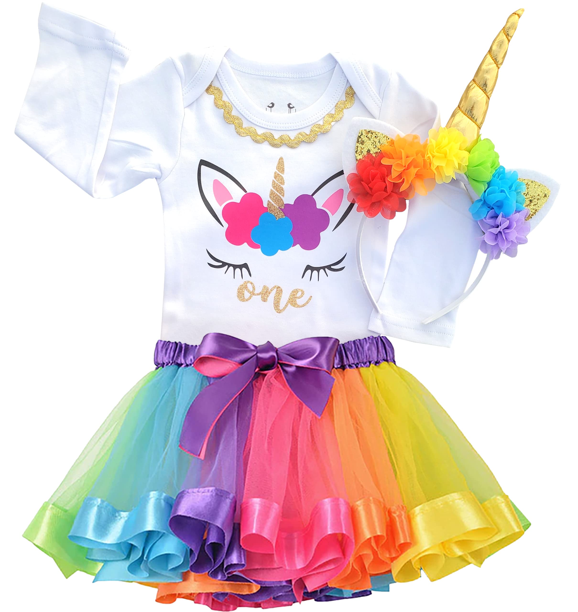 Unicorn 1st Birthday Outfit for Girls – Long Sleeve Bodysuit, Rainbow ...